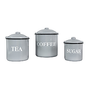Creative Co-Op Metal Containers with Lids, "Coffee", "Tea", "Sugar" (Set of 3 Sizes/Designs),Grey