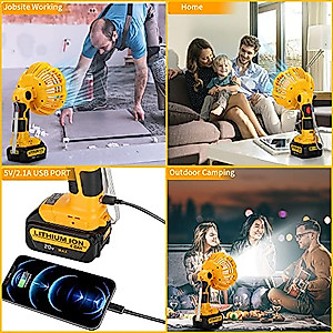 WaxPar For Dewalt Fan Cordless Jobsite Fan, USB Floor Fan Industrial fan with Light Compatible with Dewalt 14.4-20V Li-Ion Battery, Remote, 3 Wind/Brightness Modes, Timer