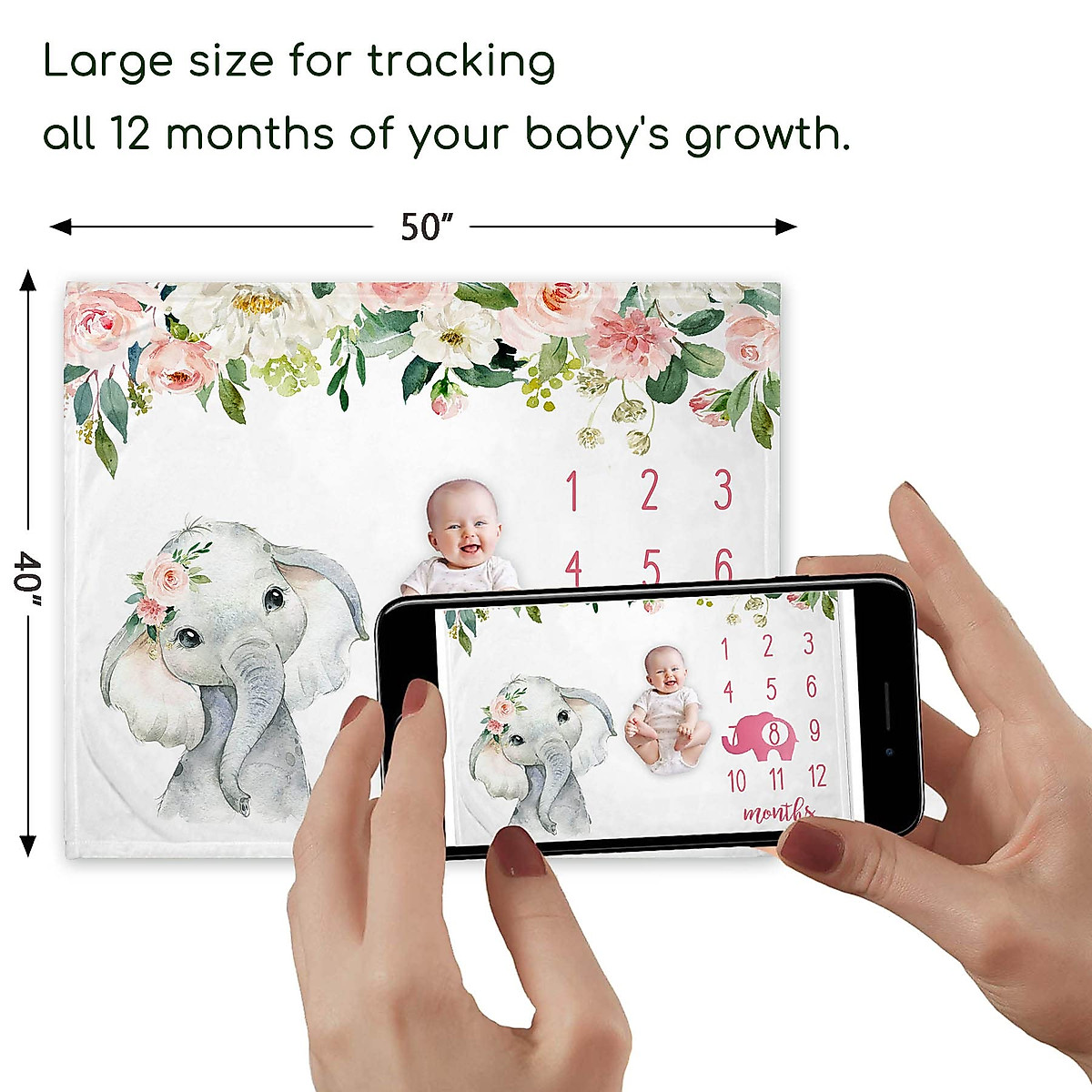 Popfavors Floral Elephant Baby Monthly Milestone Blanket, Jungle Elephant Girl's Soft Fleece Monthly Milestone Blanket , Girl Elephant Nursery Infant Newborn, Includes Marker (White, 50x40 inch )