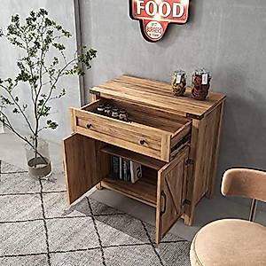 Penifun Farmhouse Buffet Double Barn Door, Industrial Sideboard Wood Coffee, Kitchen Pantry Storage, Accent Chest, Liquor Cabinet for Bar Hallway, Cupboard Console Table, Large, Light Brown