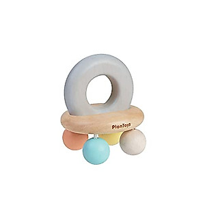 PlanToys Wooden Bell Rattle and Teether Toy (5250) | Pastel Color Collection |Sustainably Made from Rubberwood and Non-Toxic Paints and Dyes