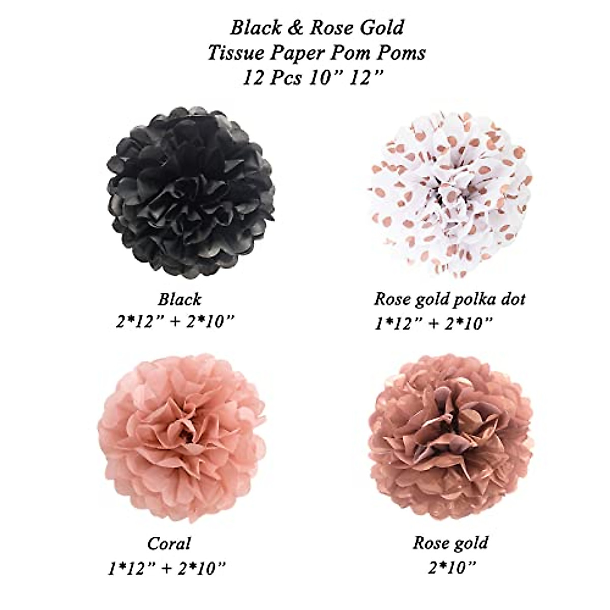 ANSOMO Rose Gold and Black Tissue Paper Pom Poms Party Decorations Flowers Pink Wall Hanging Décor Supplies Birthday Bridal Baby Shower Wedding Graduation