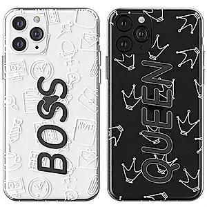 Toik Matching Couple Cases for Apple iPhone 11 Pro Xs Max Xr 10 X 8 Plus 7 6s 5s SE Cover Boyfriend Clear Lightweight Queen Basic Pattern Cute Protective Soulmate Boss Silicone Anniversary Simple