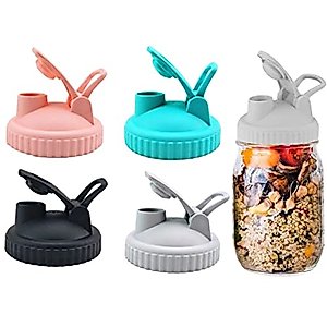 4Pack Mouth Mason Jar Pour Spout Lid, Wide Mason Jar Lids, Canning Lids with Flip Top Lid Leak-Proof Seal for Pouring, Drinking and Airtight Storage(Light Gray/Light Pink/Black/Light Blue）