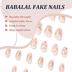 BABALAL Press on Nails Short Round Fake Nails Glossy Glue on Nails with Design Short Nails 24Pcs Oval Acrylic Nails for Women and Girls