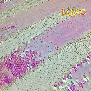 LQIAO 1Y Sequin Fabric Iridescent Pink White Sparkly Reversible Sequin Fabric for Sewing Mermaid Flip Up Large Sequin Fabric by The Yard Drawer/Cube/Tablecloth/Home/Dress/Fans DIY