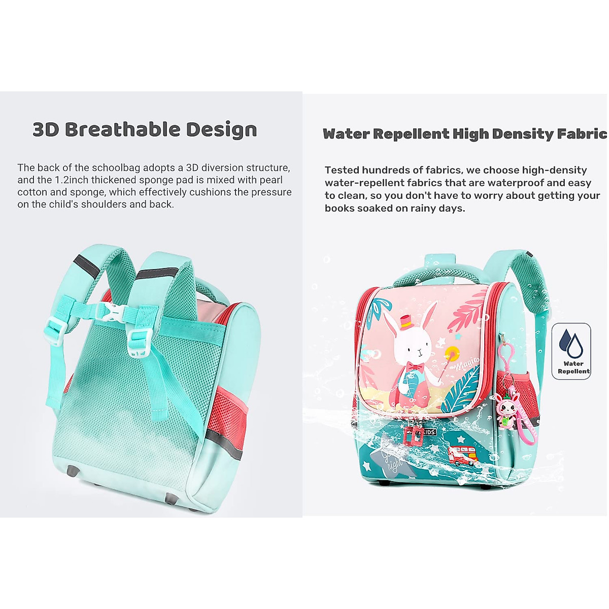 Qckarobe Kids Backpack for Girls Boys, 15 inch Elementary Kindergarten Backpack, Cute Rabbit Toddler Backpack, Lightweight Water-resistant Preschool Nursery Travel Backpack Children Schoolbag