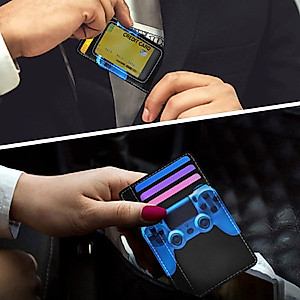 Video Game Joystick Gamepad in Blue Neon Lights Isolated on Black Slim Minimalist Wallet, Front Pocket RFID Leather Blocking Card Holder Case for Men Women Girls Ladies, Stylish Printing Gift