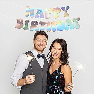 Pre-Strung Happy Birthday Banner - NO DIY - Iridescent Birthday Party Banner - Pre-Strung Garland on 8 ft Strands - Holographic Shiny Foil Retro 70s Birthday Party Decorations. Did we Mention no DIY