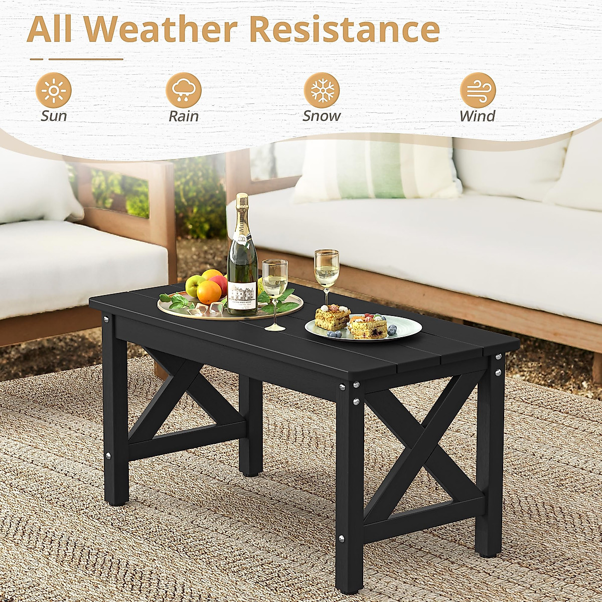 LUE BONA Outdoor Coffee Table for Patio, Rectangle HDPS Outdoor Coffee Table, All Weather Patio Coffee Tables for Outside Deck Porch Lawn, Black