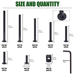 Keadic 85Pcs M6 20/30/40/50/60/70/80mm Baby Bed Screws Hardware Replacement Kit, Hex Socket Head Cap Screws Nuts for Furniture Cots Beds Crib, 1 Hex Key for Free - Black High Speed Steel