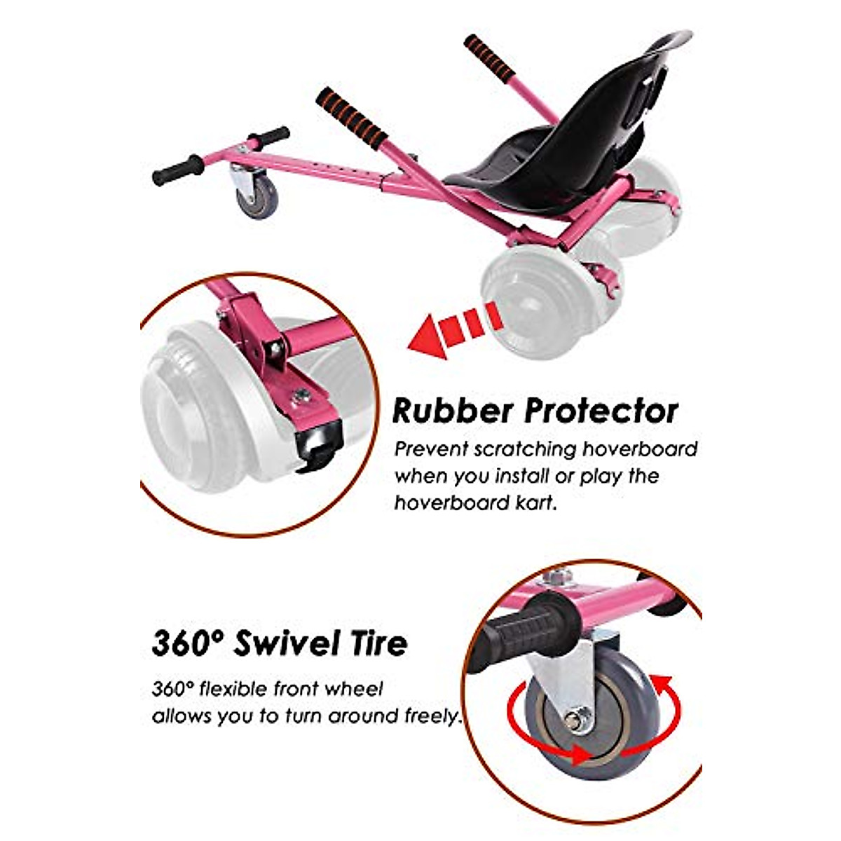 KUMAMOT Hoverboard Seat Attachment for 6.5” 8” 10” Hoverboard, Go Kart Cart Conversion Kit, Accessories for Self Balancing Scooter, Hoverboard Cart for Kids and Adult, Adjustable Frame Length, Pink