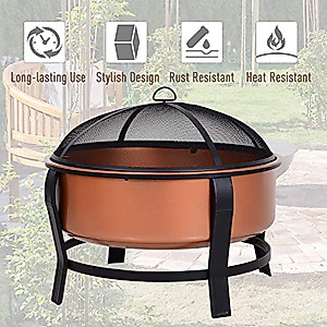 Outsunny 30 Inch Outdoor Fire Pits, Copper-Colored Round Basin Camping Fire Pit, Wood Burning Firepit Bowl with Ornate Black Base, Log Grate, Wood Poker, & Mesh Screen for Embers