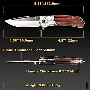 A+ Choice Pocket Knife Sharp Folding Knives - 4" 440C Stainless Steel Clip Point Blade with Pocket Clip, Wood Handle, Glass Breaker - Best Camping Hiking Fishing Work Knofe