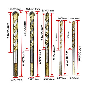 Rannb 5pcs Masonry Drill Bits Four Sizes 6mm,8mm,10mm,12mm Drilling Dia Triangle Hand Drill Bit Set for Metal Concrete Tile Glass Wood Marble Ceramic Brick