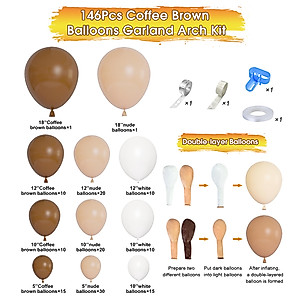 146Pcs Brown Balloons Garland Arch Kit, DIY 18"12"10" Coffee Brown Blush Nude Balloons for Neutral Woodland Teddy Bear Baby Shower Wedding Jungle Safari Birthday Party Decorations