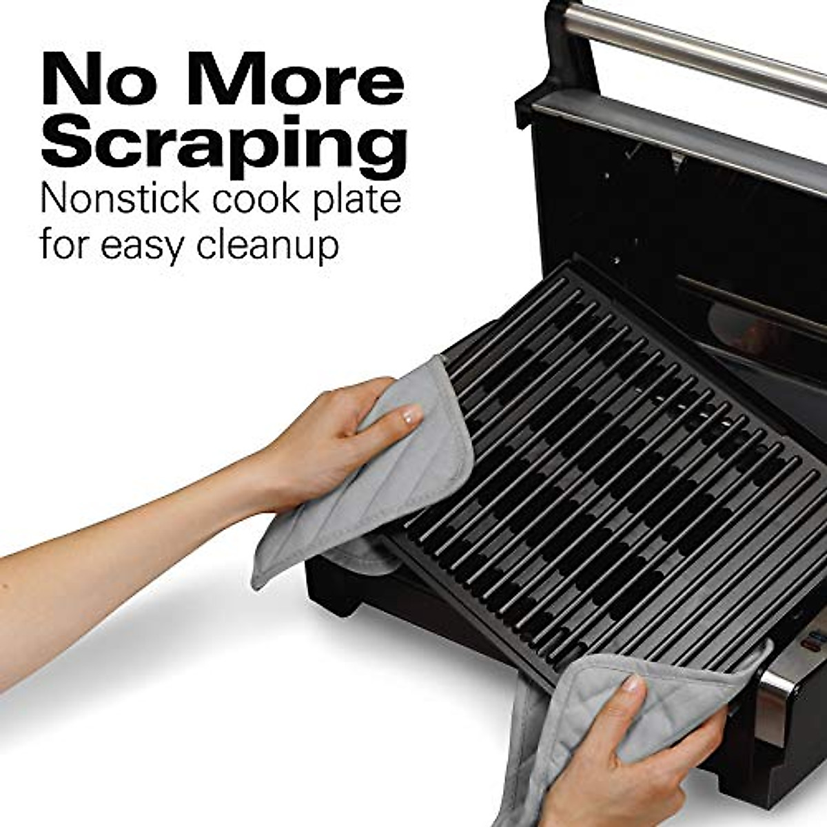 Hamilton Beach Electric Indoor Searing Grill with Adjustable Temperature Control to 450F, Removable Nonstick Grate, 118 sq. in. Surface Serves 6, Stainless Steel