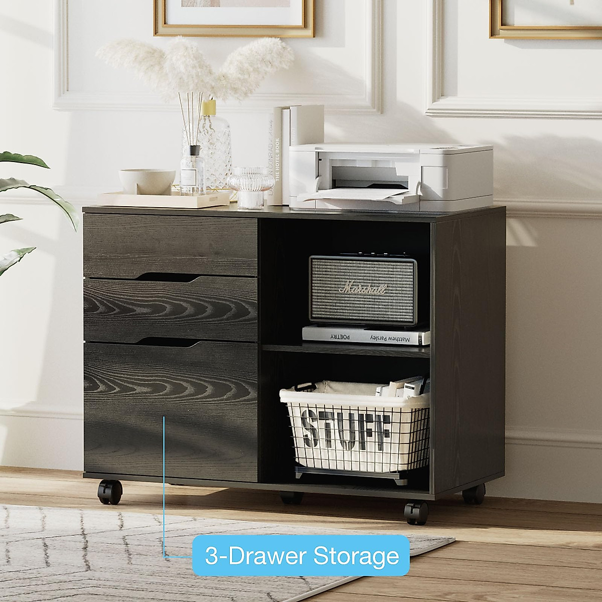 OLIXIS 3 Drawer Wood File Cabinet Small Mobile Lateral Printer Stand Storage with Open Shelf Shelves for Home Office