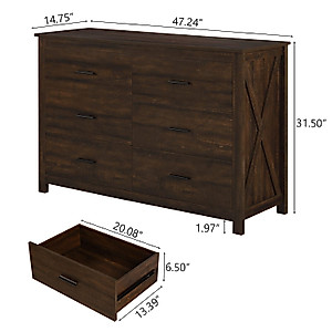 LTMEUTY Dresser for Bedroom - Wooden Dresser with 6 Drawers, Double Dresser, Oak Storage Drawer Cabinet, Chest of Drawer, Farmhouse Bedroom Furniture, Brown