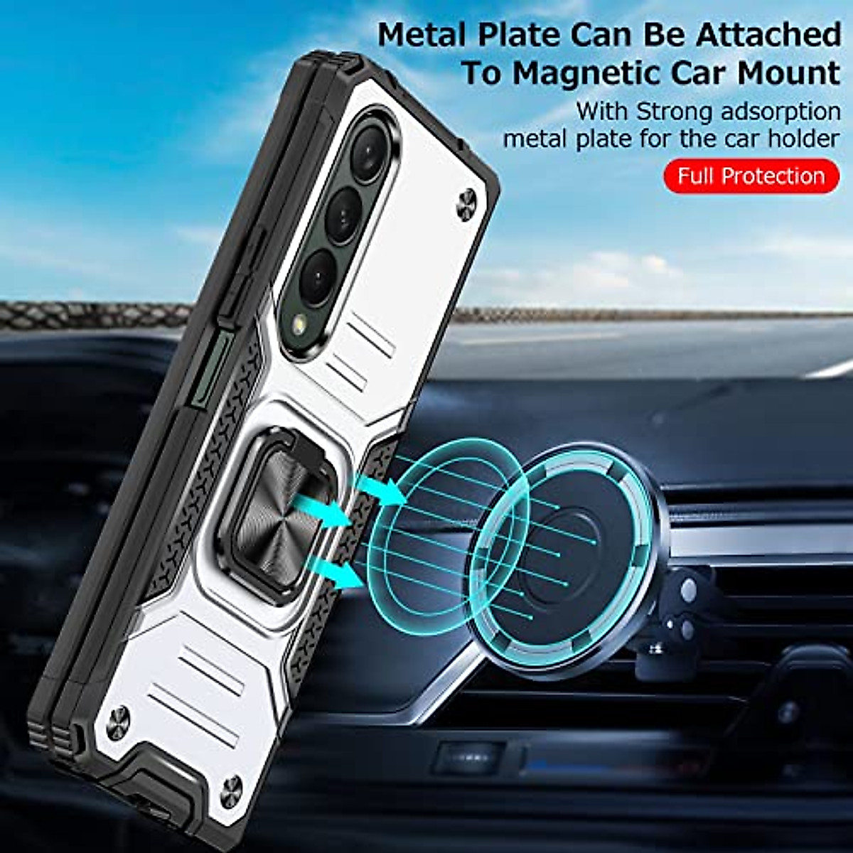 RLUYIDIKS for Samsung Galaxy Z Fold 4 Case,360°Rotate Ring Stand Magnetic Cover Case,Military Grade Protection Shockproof Phone Case,7.6inch for Samsung Galaxy Z Fold 4 5G,Silver RUS01-12