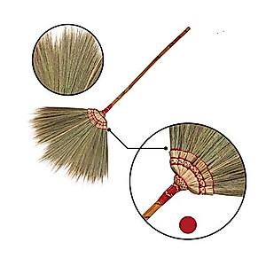 Asian Natural Grass Broom with Bamboo Stick Embroidery Woven Nylon Thread Top of Handle