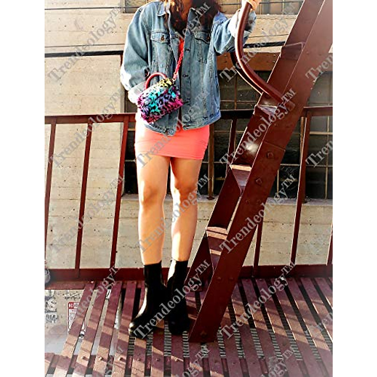 Cute Retro Plastic Chain Vegan Leather Fur Mini Satchel Bag Crossbody Clutch (2Faux Fur Leopard Multicolor/Neon Pink Chain)