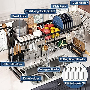 Over The Sink Dish Drying Rack, 2-Tier Adjustable Length(33.5-36.2in) Dish Rack Sink Shelf, Expandable Large Stainless Steel Dish Drainer for Kitchen Counter Organizer Space Saver with 8 Hooks