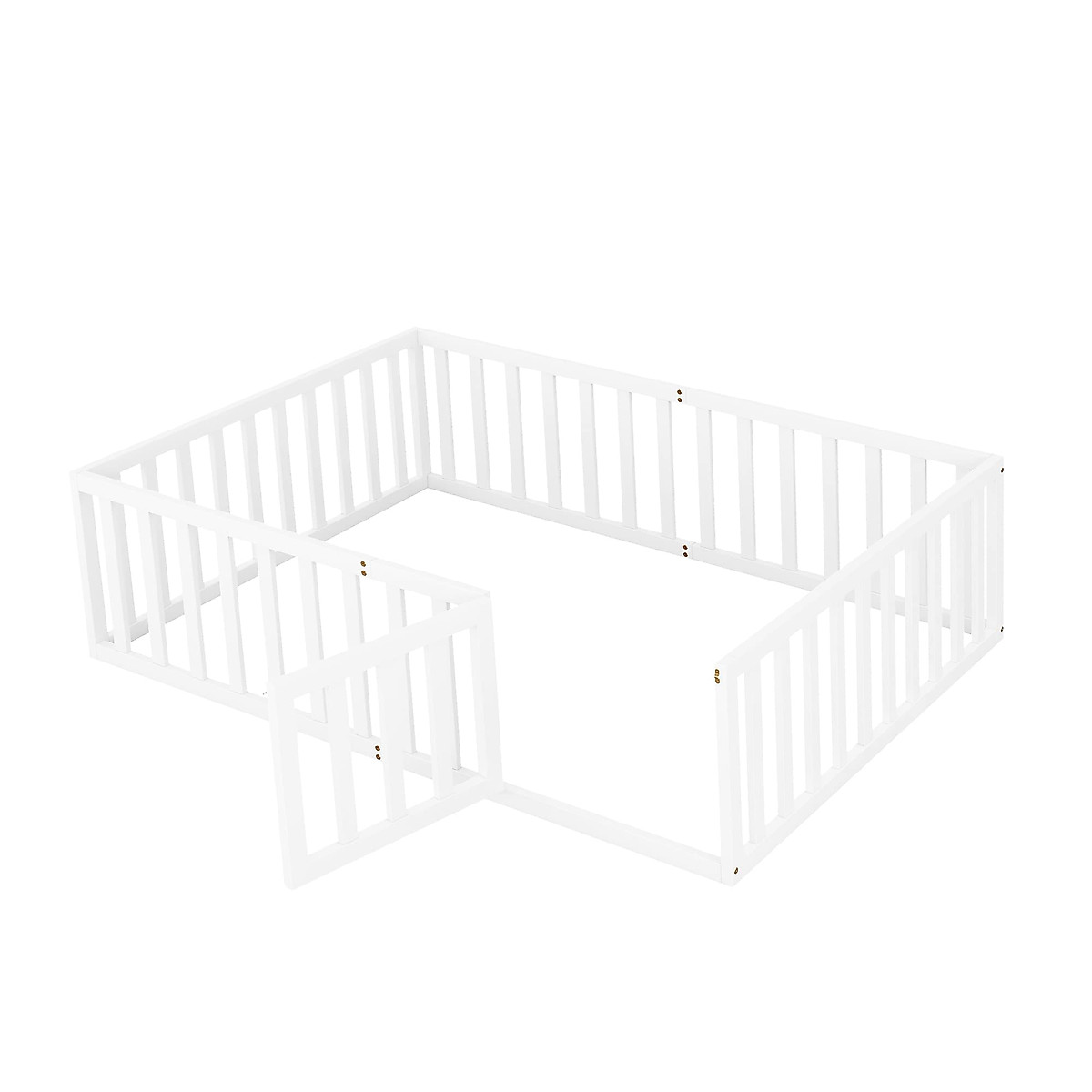 Bellemave Full Size Floor Bed for Kids, Montessori Bed Frame with Fence-Shaped Guardrails and Door, Wooden Floor Full Bed for Kids, Toddler, Boys Girls (White, Full Size)