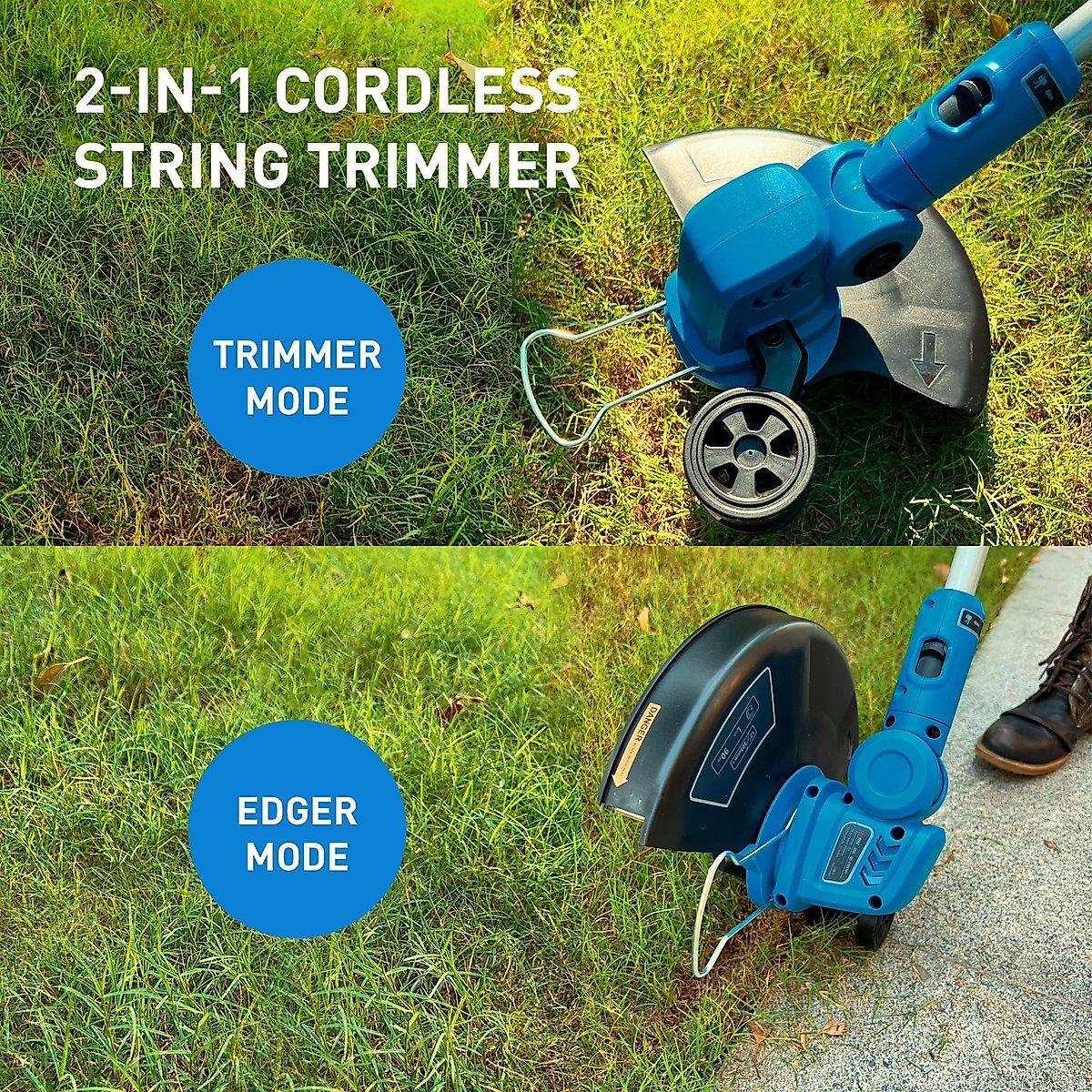 Weed Wacker Battery Powered, 20V Cordless String Trimmer & Edger, 12 Inch Weed Eater with 3 Spools, Edger Lawn Tool with 90 Degree Adjustable Head, with 2 x 2.0Ah Batteries and Fast Charger
