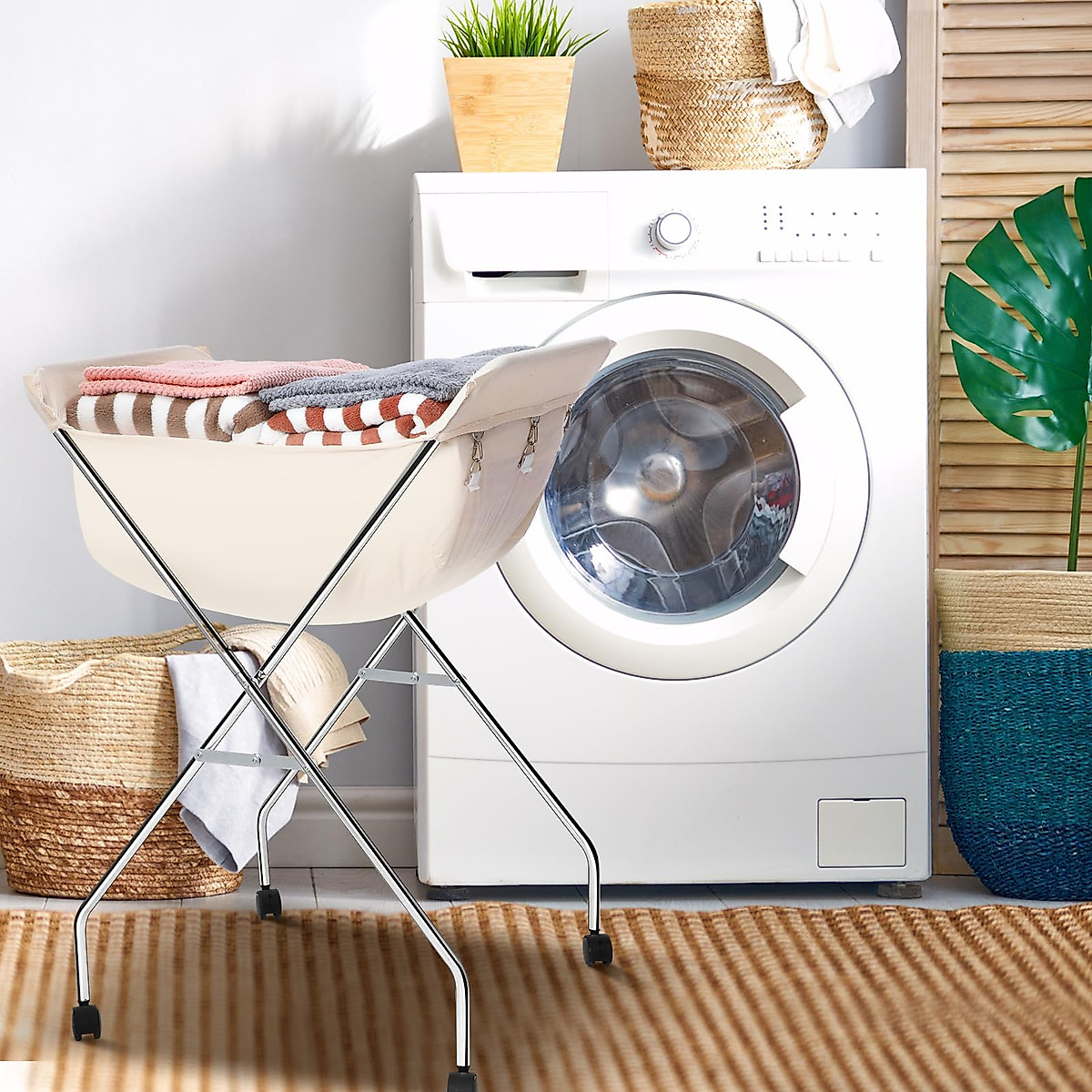 Mifoci Rolling Laundry Basket with Wheels, Foldable Rolling Laundry Cart Collapsible Hamper with Handle, Tubular Metal Frame and Removable Bag, White Bag Included, 24.4 x 19.7 x 34 Inches