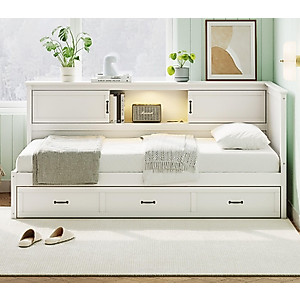 Merax Twin Size Corner Bed Frames with Storage Drawers and USB Port & Led Downlight Headboard, Wooden L-Shaped Captain Daybed for Small Room, Bedroom, Guest Room, Kids' Room, White