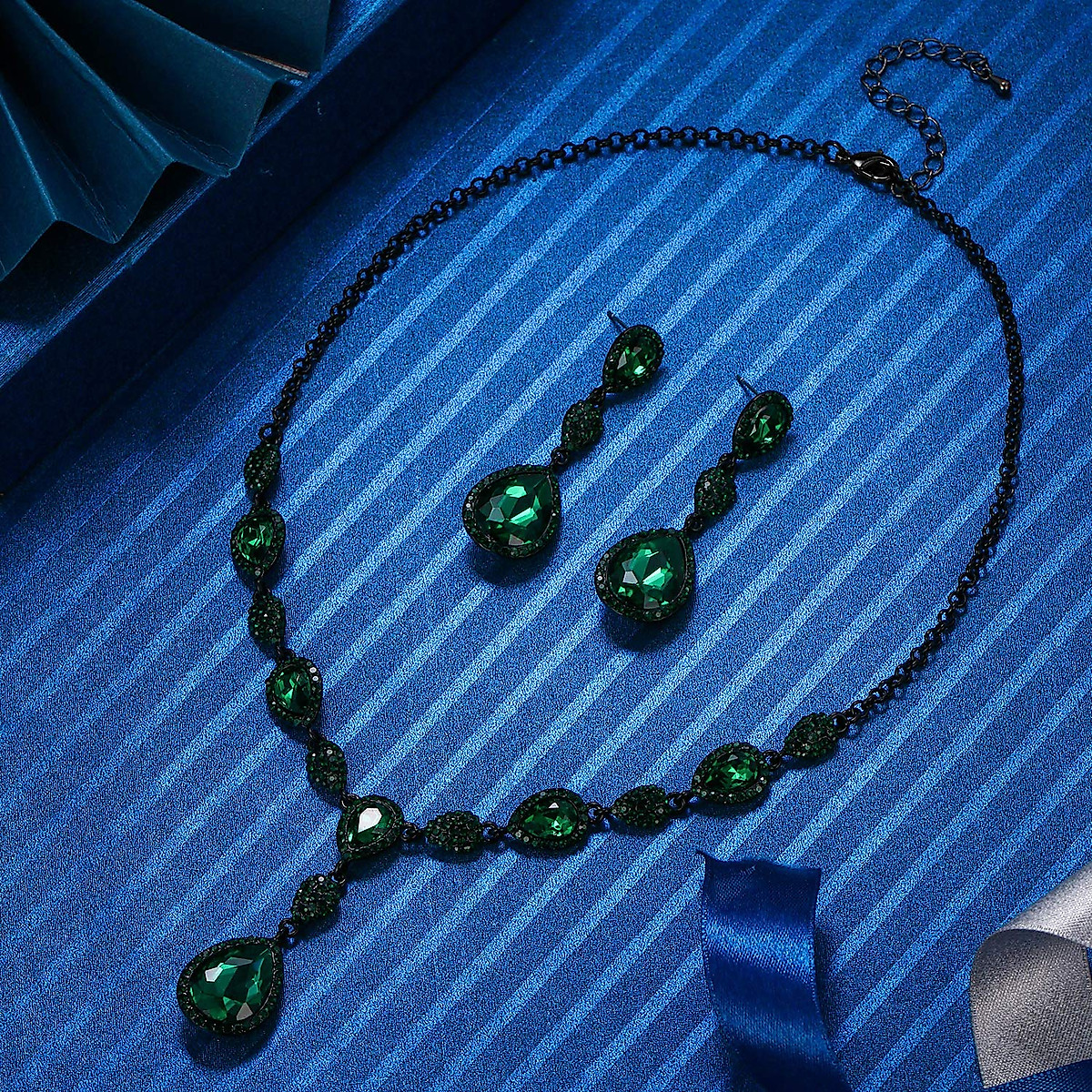 EleQueen Women's Cubic Zirconia Teardrop Y-Necklaces Dangle Earrings Sets for Brides Bridesmaids Green Black-Tone