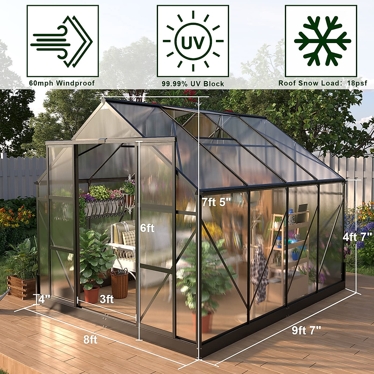 AMERLIFE 8x10x7.5 FT Polycarbonate Greenhouse 2 Sliding Doors 2 Vent Window Walk-in Premium Greenhouse Storage Shed Sunroom Aluminum Large Hot House for Outdoor Garden Backyard Matte Black