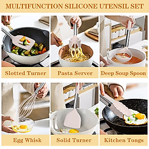 Silicone Cooking Utensil Set, Umite Chef 43 PCS Heat Resistant Kitchen Utensil Gadgets Set-Stainless Steel Handle- Kitchen Spatula Tools for Nonstick Cookware, Pots and Pans Accessories (Khaki)