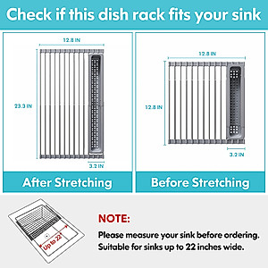 BOOSINY Roll Up Dish Drying Rack, Over The Sink Dryer Rack for Kitchen Counter (12.8"-23.3" x 12.8"), Expandable 304 Stainless Steel Dish Drainer for Inside Sink, Sink Cover with Utensil Holder