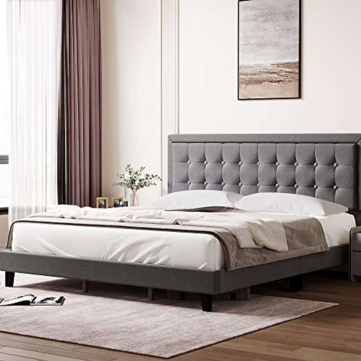Senfot Full Size Bed Frame, Modern Upholstered Platform Bed with Button Tufted Headboard, Heavy Duty Metal Foundation with Wood Slats Supports No Box Spring Needed in Light Grey