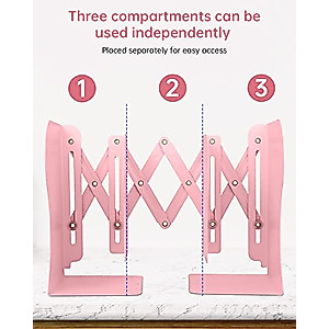 Adjustable Bookends, Metal Book Ends for Shelves Heavy Book, Desk Magazine File Organizer for Home, Office, Books, Papers, Extends up to 19 inches (Pink)