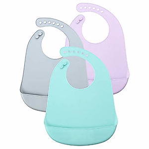 PandaEar Cute Super Thin Light Weight Unisex Silicone Baby Bibs Waterproof (Blue/Purple/Grey)