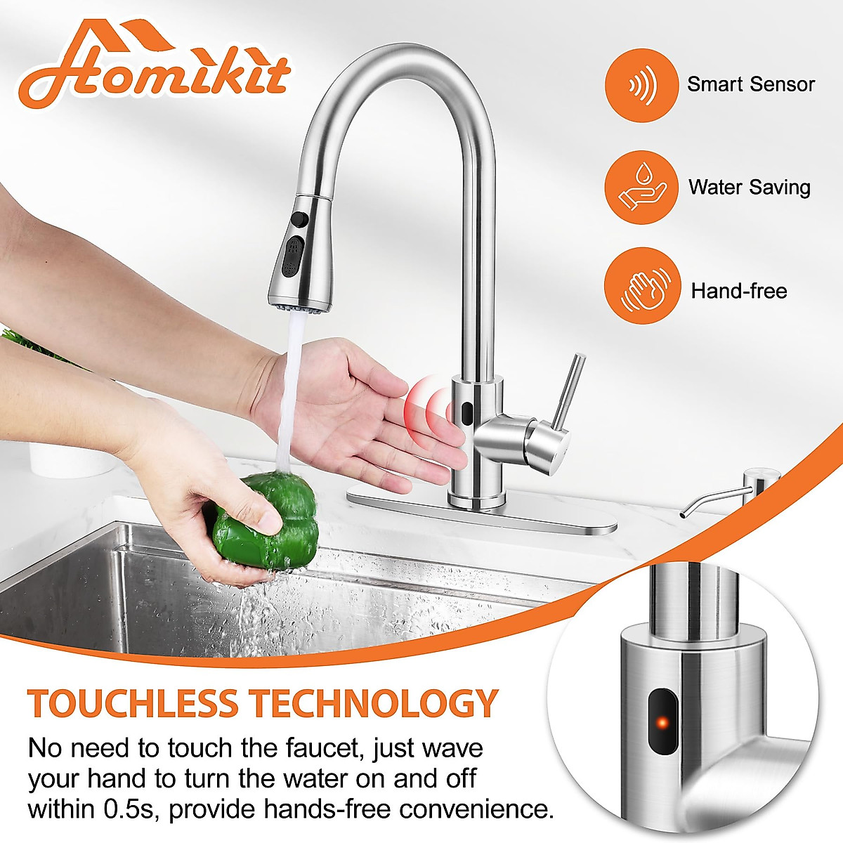 Homikit Touchless Kitchen Faucets with Pull Down Sprayer & Soap Dispenser, Automatic Motion Sensor Smart Faucet for Kitchen Sink, Brushed Nickel Single Handle Stainless Steel Faucet for Farmhouse RV