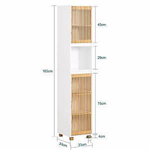 SoBuy Bathroom Tall Cabinet with Hollow Cabinet Door, 2 Doors, 6 Compartments Bathroom Shelves, Storage Rack, Freestanding Storage Cabinet Shelf, Natural and White, BZR127-W