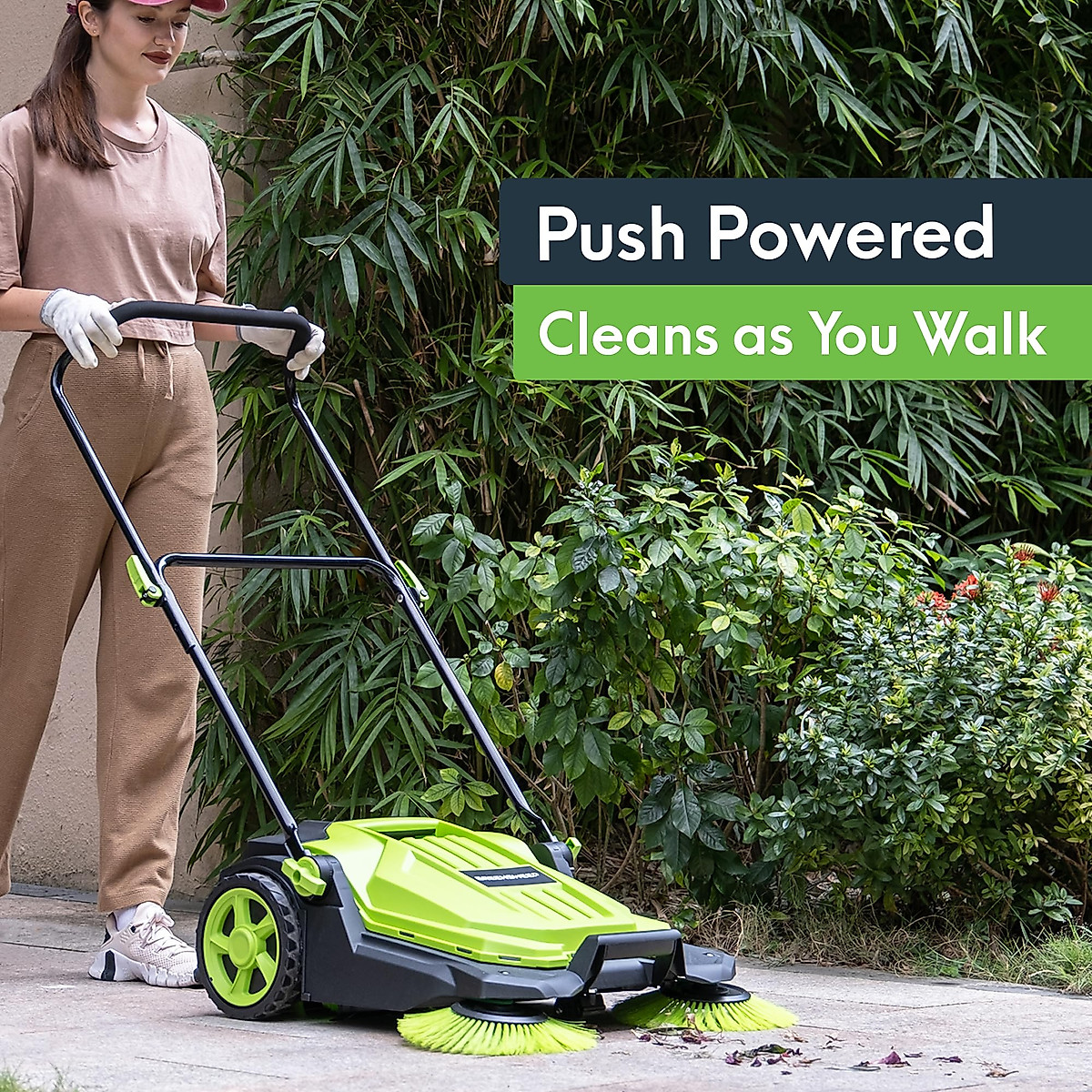 GreenSweep - Walk Behind Manual Push Floor Sweeper - 5 Gallon Capacity - Easy Storage - Outdoor Use - Additonal Heavy Duty Brush Set