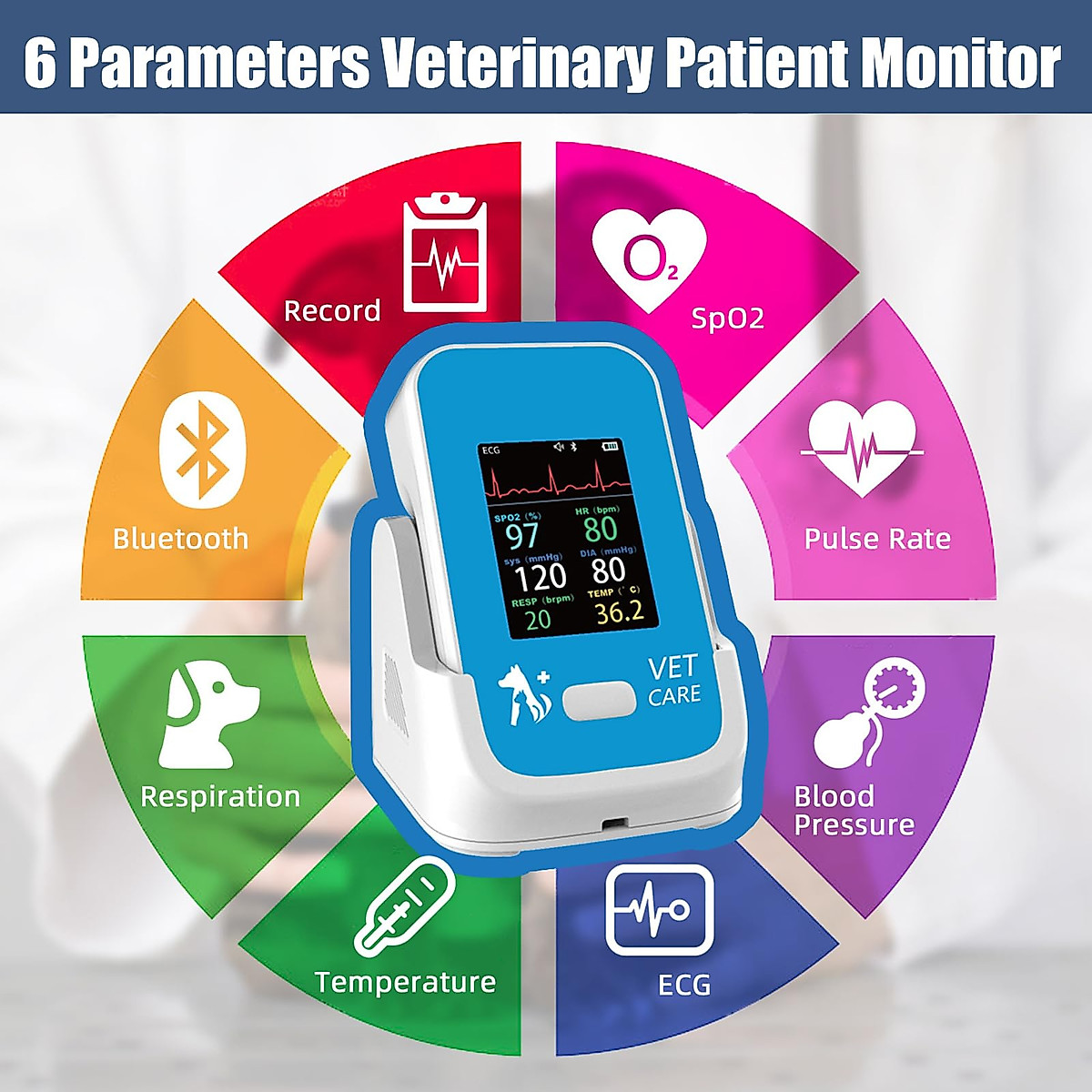 Handheld Veterinary Pulse Oximeter,Rechargeable Dog Blood Pressure Monitor, 6 Parameters Animal Patient Mnitoring Equipment with 2.4" Display and Bluetooth for Family Pets Cat Home Clinic Use