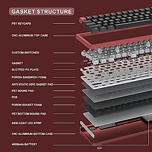 YUNZII AL71 75% Mechanical Keyboard,Full Aluminum CNC,Hot Swappable Gasket,2.4GHz Wireless BT5.0/USB-C Wired,NKRO Programmable RGB Backlight Creamy Typing for Win/Mac(Red,Crystal White Switch)