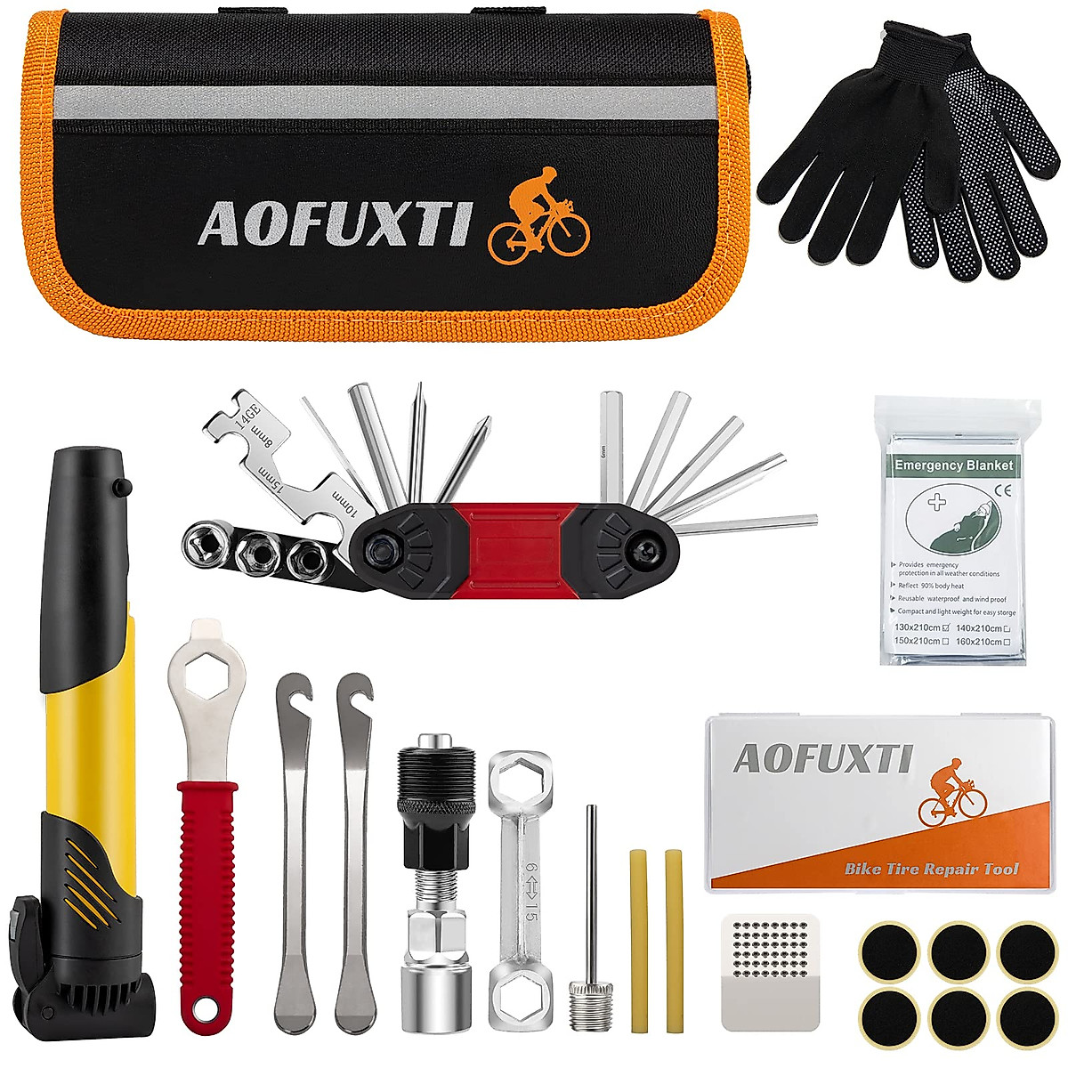 AOFUXTI Bike Tool Kit With Tire Pump - Bike Repair Kit, Portable Bike Chain Tool With Patches, Inflator, Wrench,Tool Kit for Camping Travel, Best Gifts for Men and Women