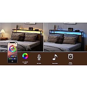 HoldoLife Queen Size Bed Frame with LED Lights and 2 USB Ports, Industrial Platform Bed with Storage Headboard, Non-Slip Noise Free Bed Frame, Rustic Brown, Easy Assembly (Queen)