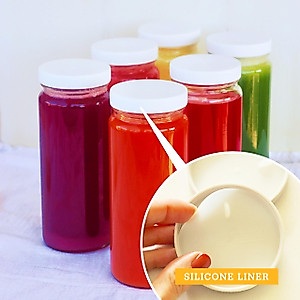 All About Juicing Clear Glass Water Bottles Set - 6 Pack Wide Mouth with Lids for Juice, Smoothies, Beverage Storage - 16 oz, Durable, Reusable, Dishwasher Safe, Leak Proof (White Caps)