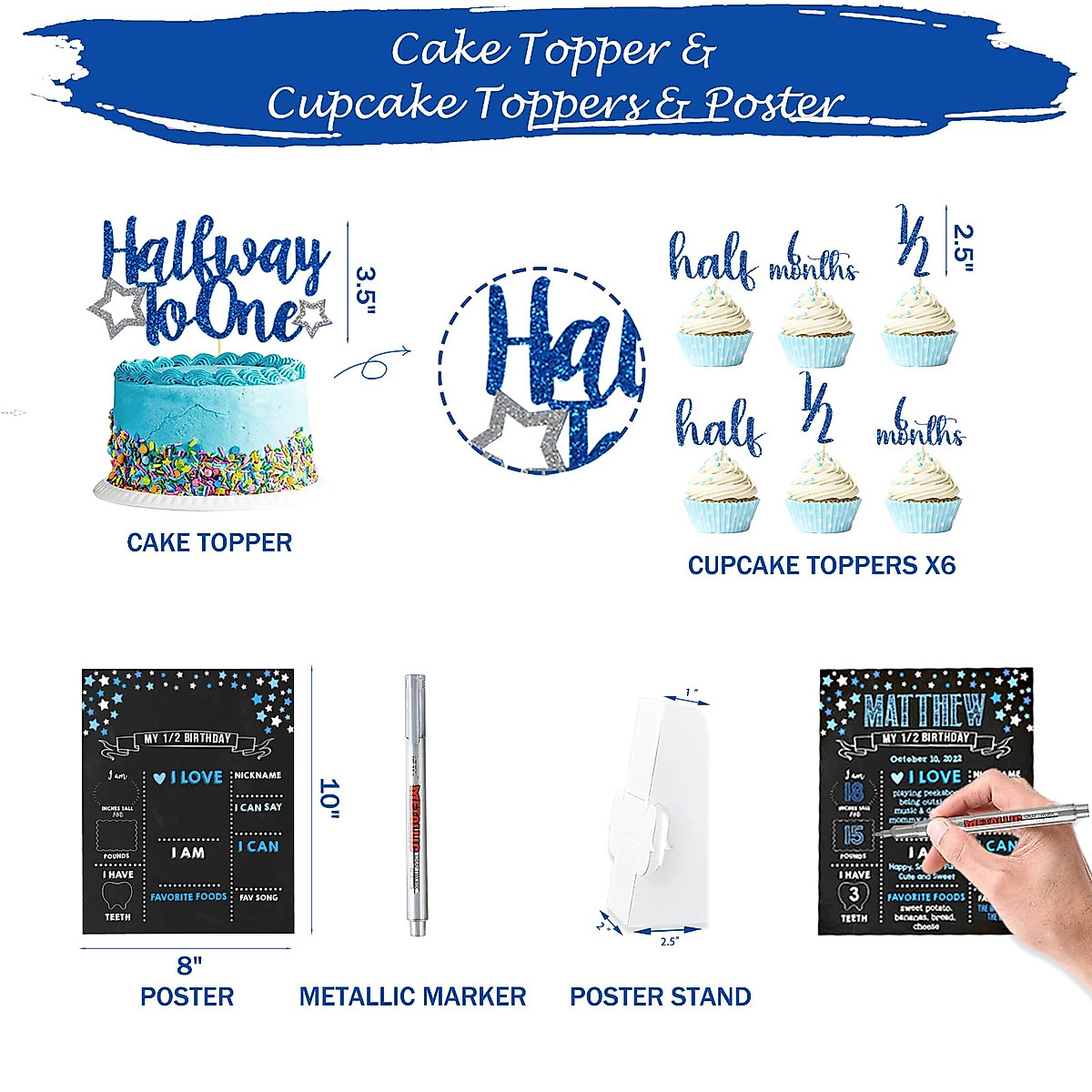 111 PCs Half Birthday Decorations Baby Boy, Fiesec 6 Months Birthday Decorations Boy Happy 1/2 Birthday Backdrop Balloon Garland Its My 1/2 Birthday Banner Cake Cupcake Topper Tie Crown Poster Blue