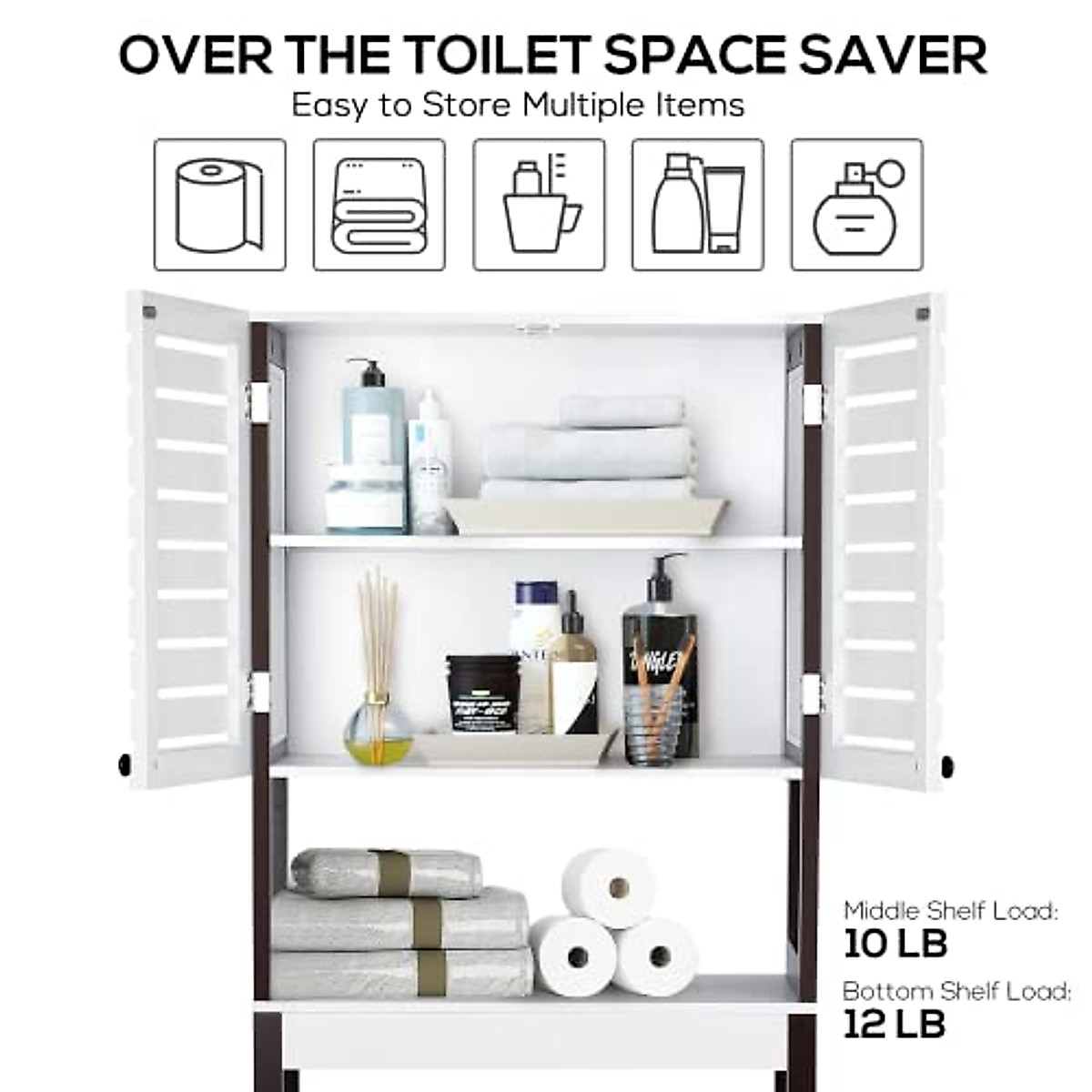 VOWNER Over The Toilet Storage Cabinet, 3-Tier Bathroom Organizer with Louvered-Style Doors and Adjustable Shelf, White and Coffee Brown MDF Board