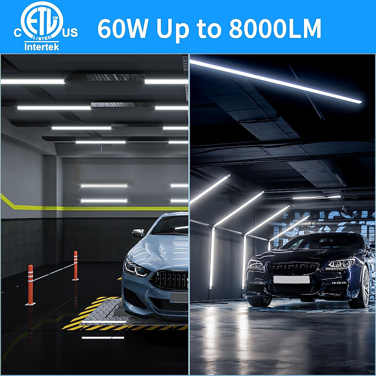 (Pack of 4) Linkable LED Utility Shop Lights for Garage, 6FT, 60W, LED Tube Ceiling Light T8 Integrated Single Fixture, 6000K, Daylight 8000lm V Shape, Basement, Offices, Clear Lens, Plug and Play