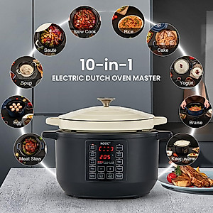 KOOC 10-in-1 Slow Cooker 6 qt White, Electric Dutch Oven, Slow Cook, Braise Pot, Sear/Sauté, Enameled Cast Iron with Self-Basting Lid, 1500W KDO600W